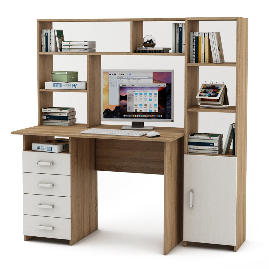 Стол письменный, компьютерный Лайт (Ньюкасл) 4 с надстройкой и стеллажом цвет: Дуб сонома/Белый