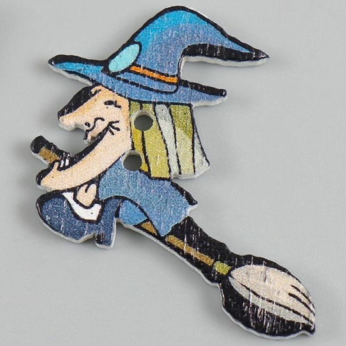 Баба Яга - Ведьма на метле - пуговки для творчества 3,5х2,5 см набор 15 штук - пуговицы декоративные для рукоделия деревянные