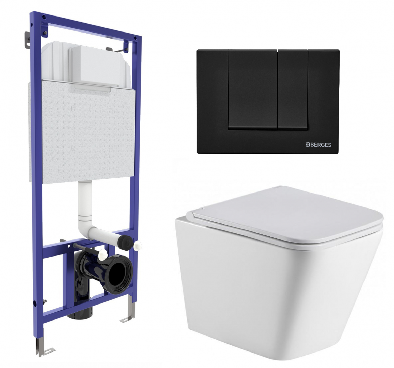 Комплект 3 в 1 инсталляция Berges Wasserhaus Novum 040245 + Подвесной унитаз WeltWasser Gelbach 043 GL-WT + кнопка черная