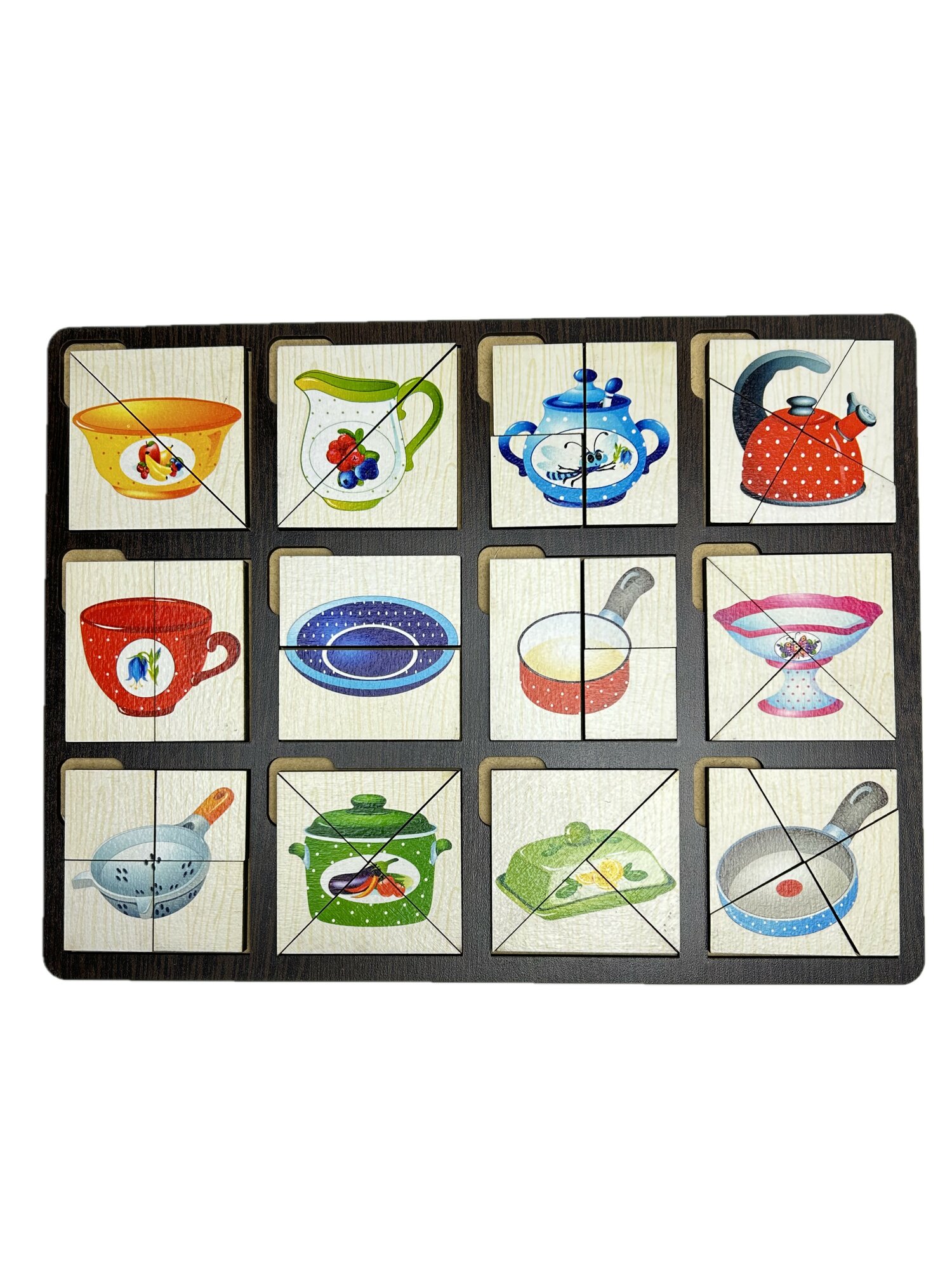 Развивающая доска "Сложи квадрат. Посуда" из дерева для детей от 3 лет