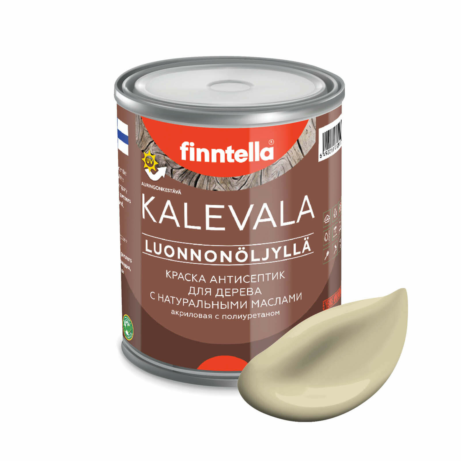 Краска для дерева и деревянных фасадов FINNTELLA KALEVALA, с натуральным маслом и полиуретаном, цвет HIEKKA (светло-песочный) , 0,9л