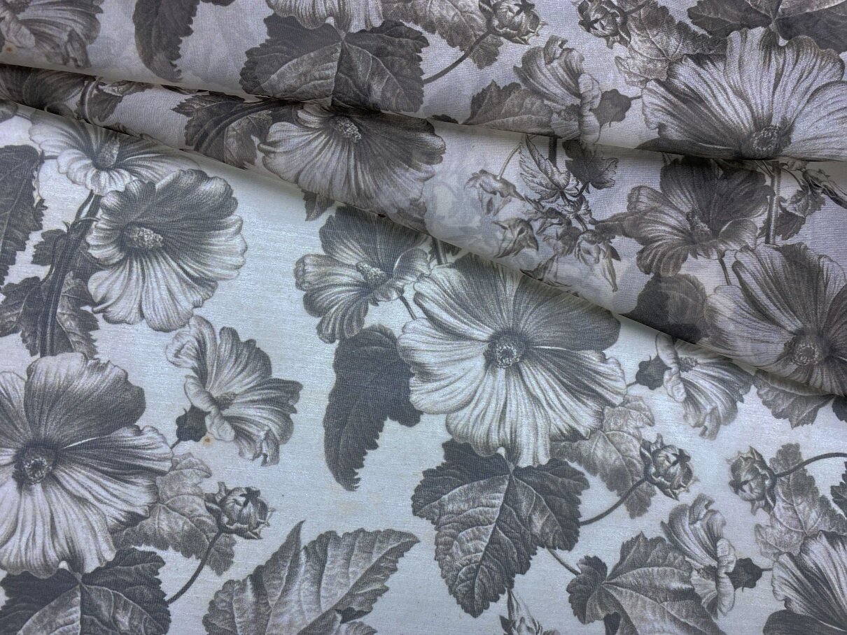 Ткань Шифон серо-бежевого цвета с принтом цветы 24091