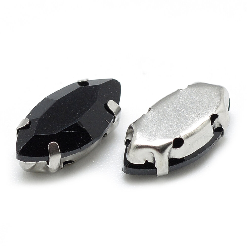 Стразы стеклянные в оправе, 12х6мм, пришивной, форма челнок, непрозрачный черный, оправа стального цвета, 5 грамм
