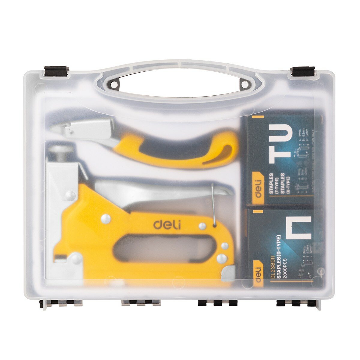 Степлер Deli Мебельный степлер Deli DL238105 с набором скоб + антистеплер Набор: 2000шт D-тип. 2000шт Т-тип. 2000шт U-тип, 1шт скобоудалитель. уц-4-1