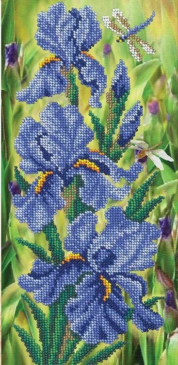 Набор для вышивания бисером Русская искусница, "Синие ирисы", 14х29 см, Ирисы, Цветы, Насекомые