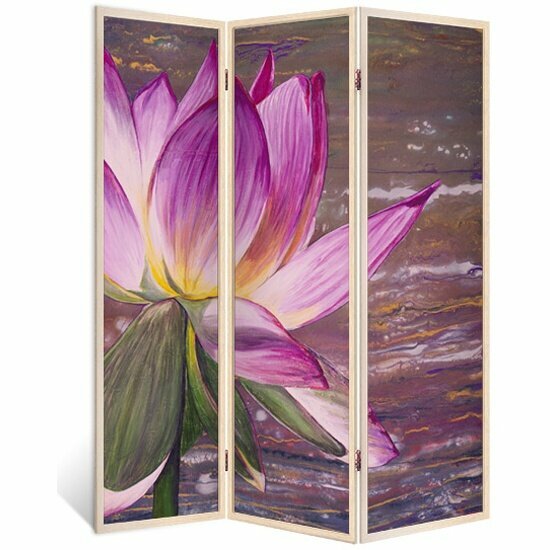 Ширма перегородка Декор Депо для комнаты деревянная "Магия лотоса" двухсторонняя с картинкой (цветы) 3 створки кремовый дуб 176х140 см 11 кг