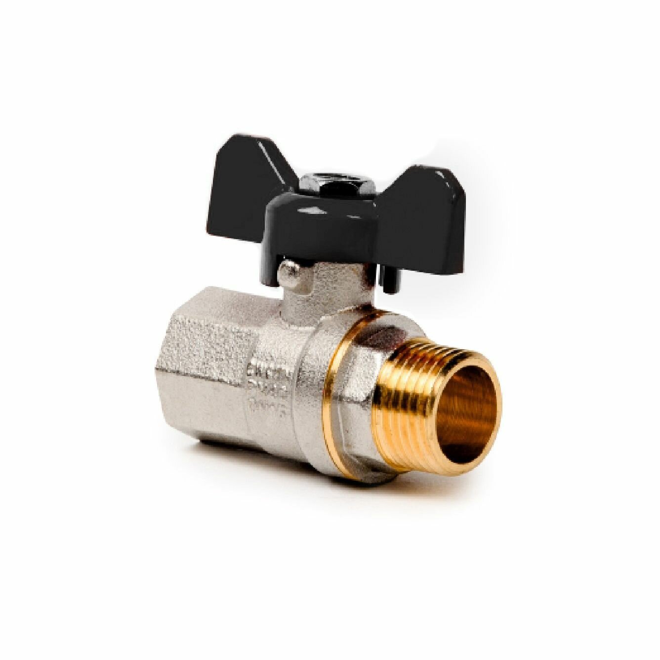 Кран шаровой ручка бабочка, латунь, внутренняя/наружная резьба 3/4", PN40 никель, РТП, 27393