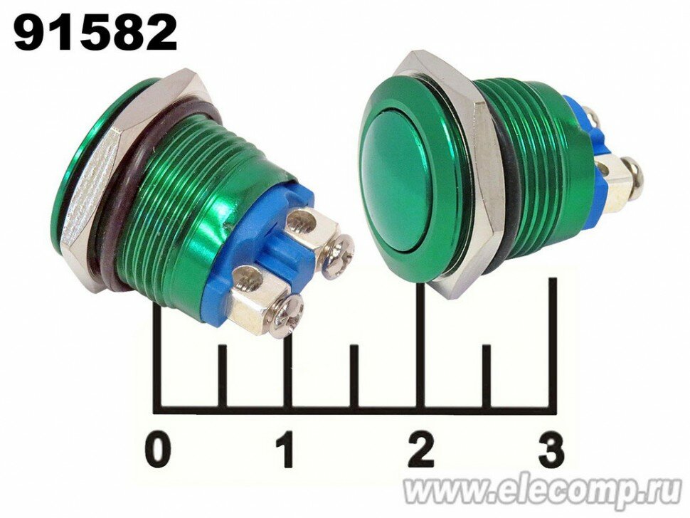 Кнопка без фиксации антивандальная зеленая металл 2 контакта под винт (16мм)
