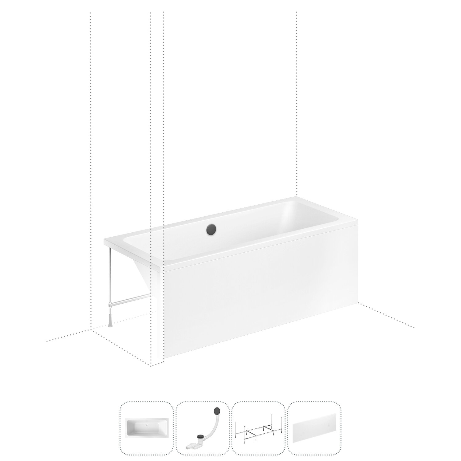 Акриловая ванна 170x75 с каркасом и экраном Lavinia Boho Pure 202011210 в наборе 4 в 1: прямоугольная ванна 170 x 75 см, слив-перелив, каркас, экран