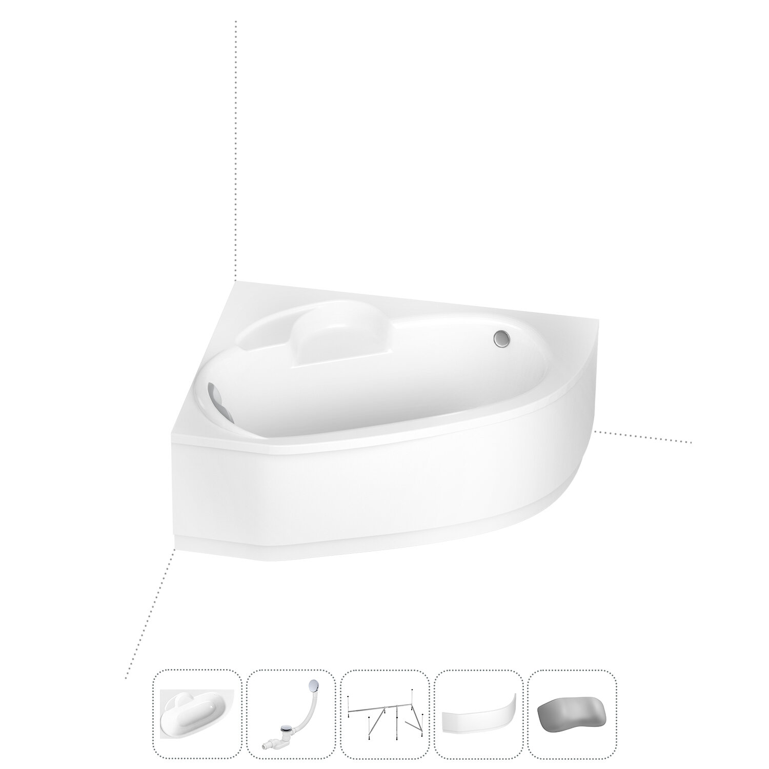 Угловая ванна акриловая 160 x 105 с каркасом и экраном Lavinia Boho Bell Pro 202011637 в наборе 5 в 1: асимметричная ванна (левый разворот), слив-перелив, каркас, экран, подголовник
