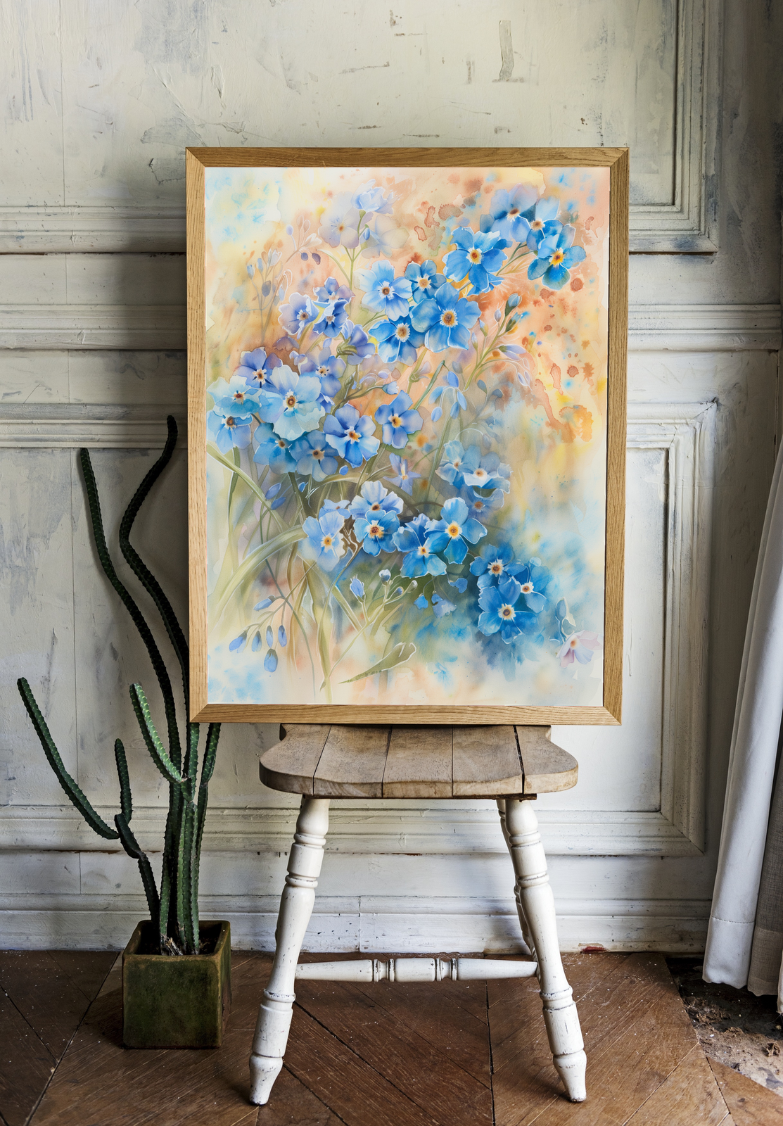 Постер "Букет синих цветов акварель" 60x90 без рамы