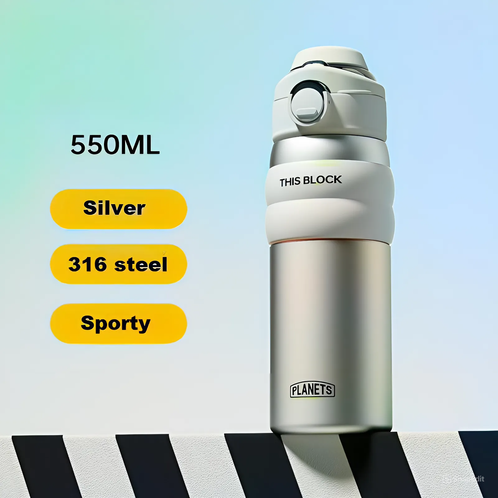 Бутылка для воды спортивная PLANETS, многофункциональная, 550мл, нержавеющая сталь, серебристый