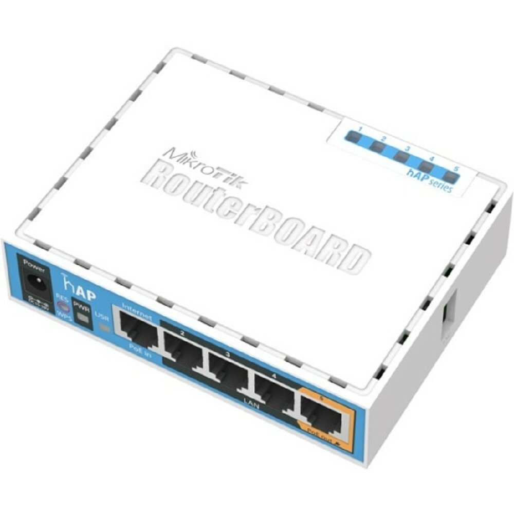 Mikrotik Wi-Fi Роутер hAP RB951Ui-2nD, 2.4ГГц N300, 3xRJ45 100Мбит с, 1xRJ45+PoE IN, 1xRJ45+PoE OUT, 1xUSB с поддержкой 3G 4G модемов