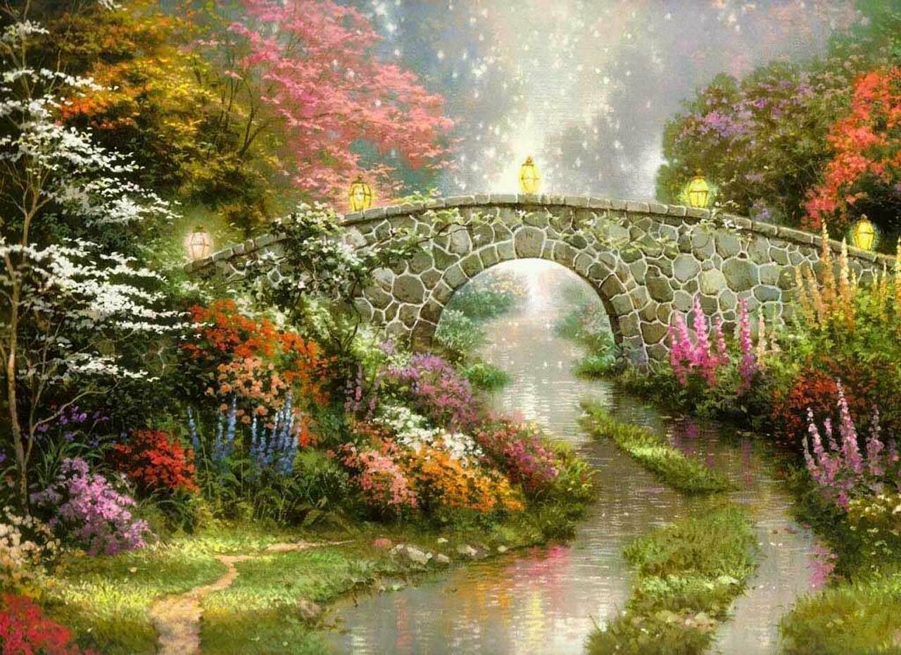 Фотообои Мост с фонариками через пруд 6-090-XL 315 х 434 см (ВхШ) Бесшовные, флизелиновые, влагостойкие обои MasterFresok