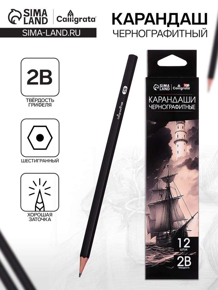 Карандаш художественный Calligrata TOP, чернографитный, 2B, шестигранный
