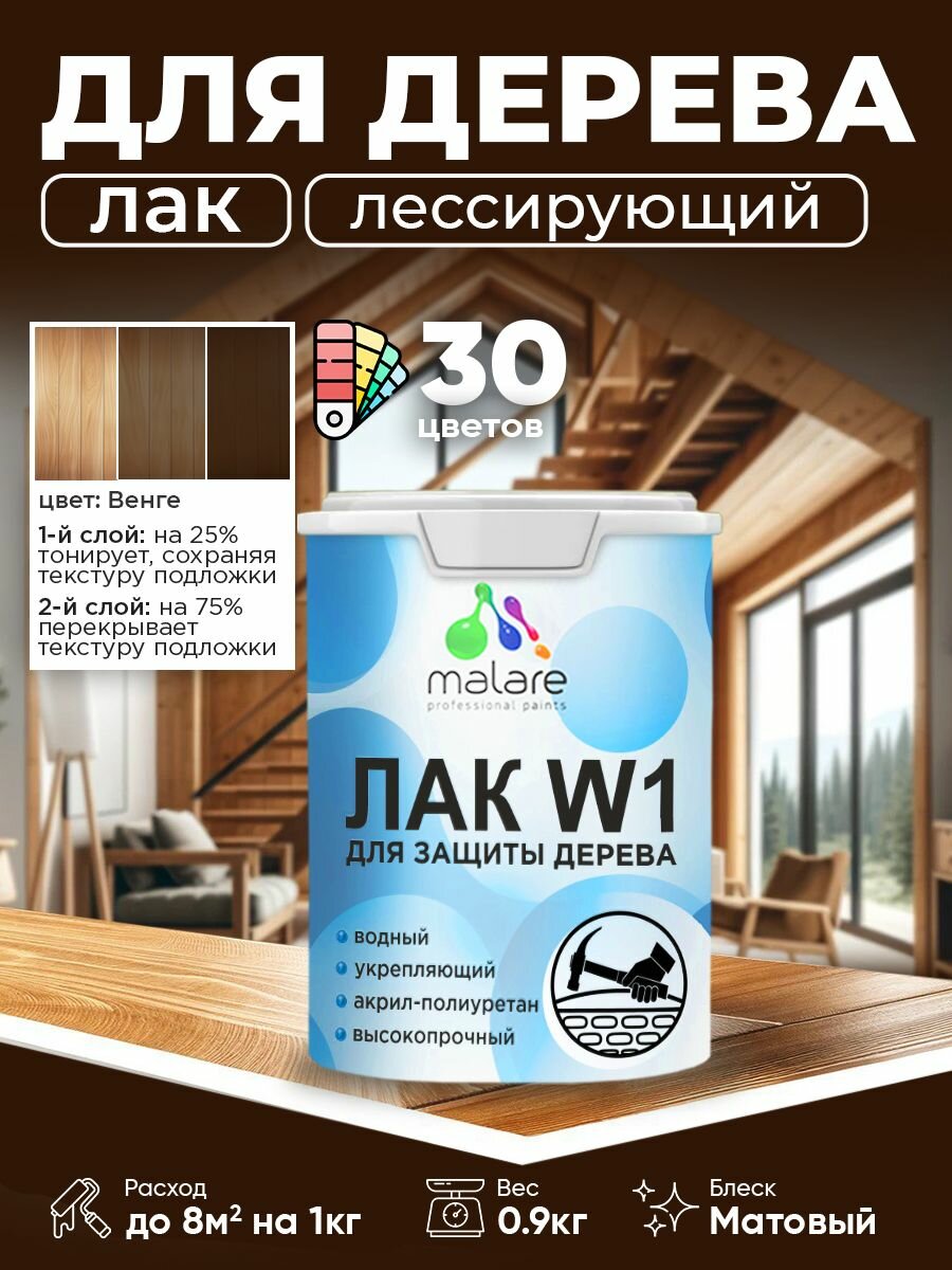 Лак колерованный тонирующий для дерева Malare W1 для деревянных и минеральных поверхностей, моющийся без запаха быстросохнущий, матовый, венге, 0.9 кг.