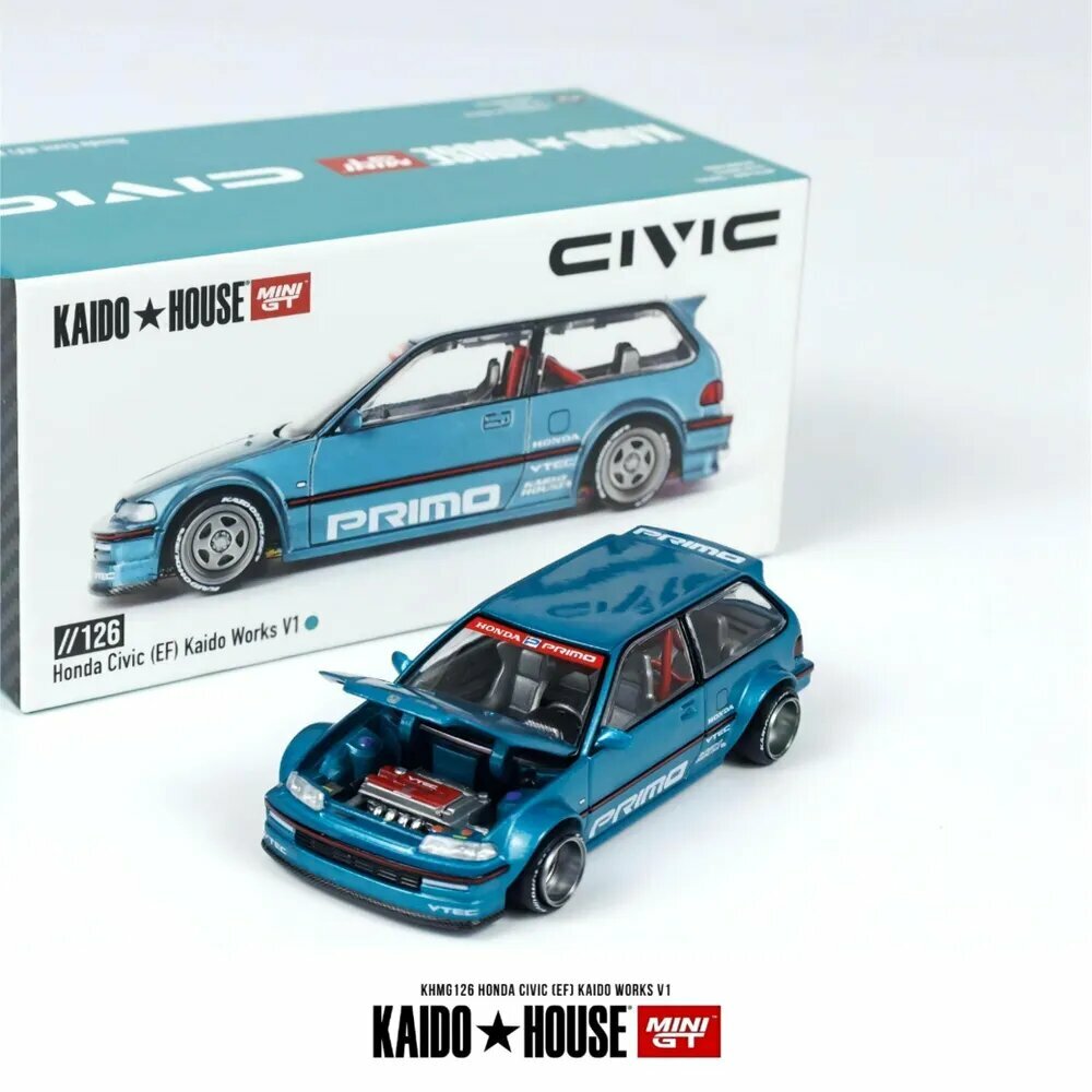 Машинка KAIDO HOUSE Mini Gt 1/64 KHMG126 Honda Civic (EF) Works V1 Metallic blue Модель автомобиля из сплава Коллекция подарк игрушк TJ