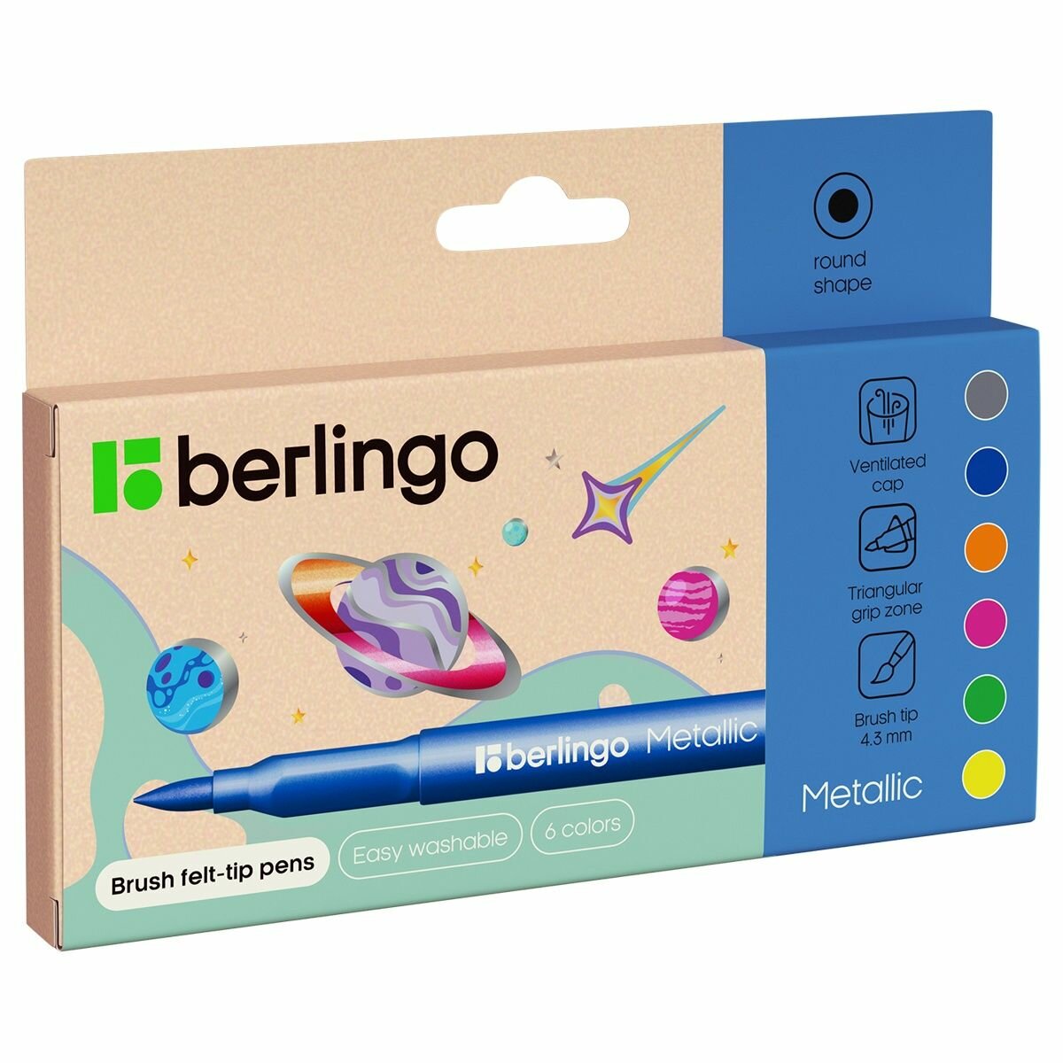 Фломастеры Berlingo "Metallic" с кистевым пишущим узлом, 6 цветов, смываемые, картон, европодвес
