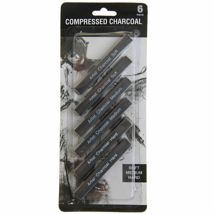 Уголь художественный КНР прессованный черный, 6 штук в наборе, мягкий, средний, твердый