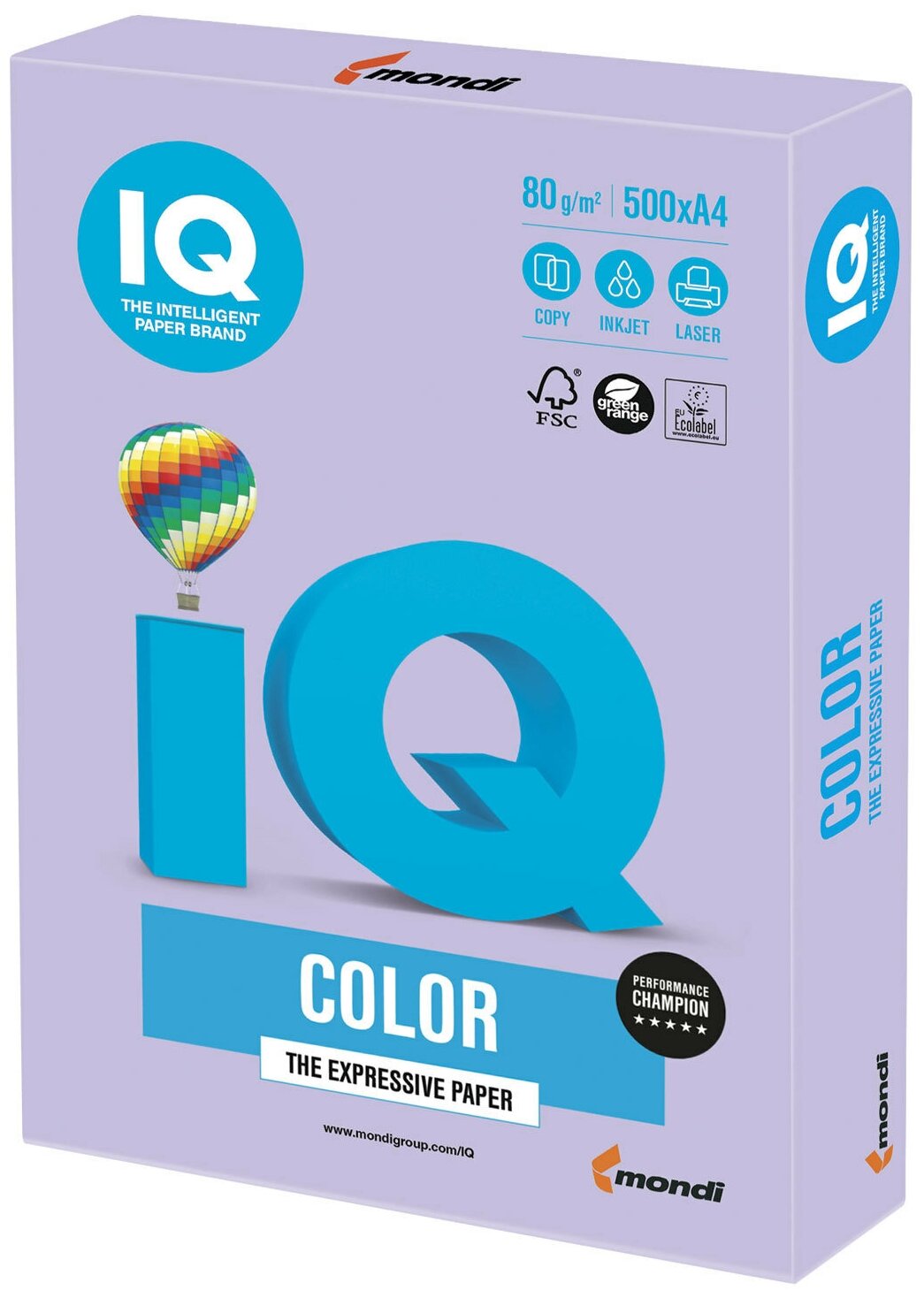 Бумага цветная IQ color А4, 80 г/м2, 500 л, тренд, бледно-лиловая, LA12