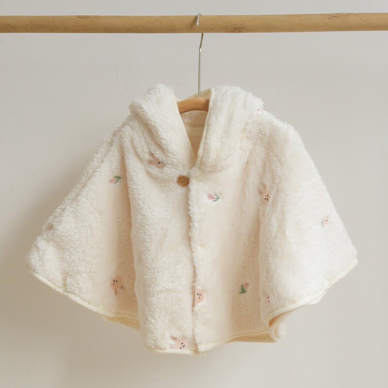 Детский плащ INS, цельнокроеный, с вышивкой, коралловый флис, ветрозащитный, теплый, для детей 1-3 лет