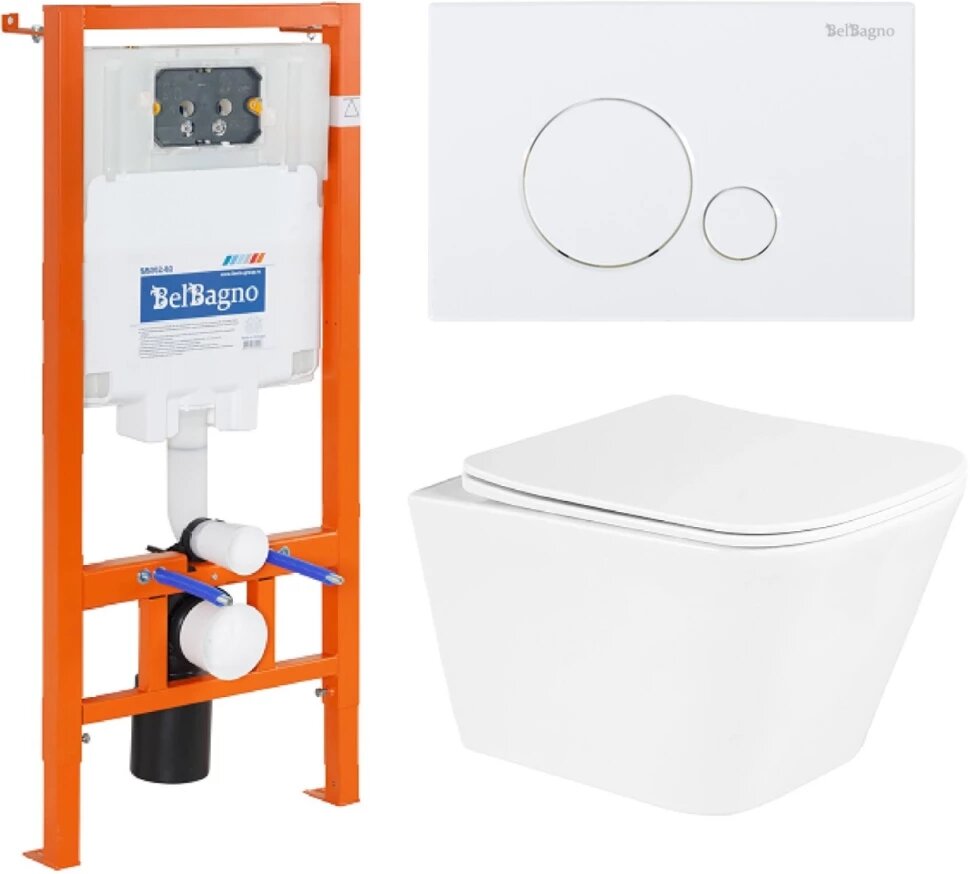 Комплект инсталляция с унитазом BelBagno Sfera BB3103CHR/SC/BB002-80/BB014-SR-BIANCO с кнопкой смыва, белый + унитаз подвесной BelBagno Due безободковый, с сиденьем микролифт, белый