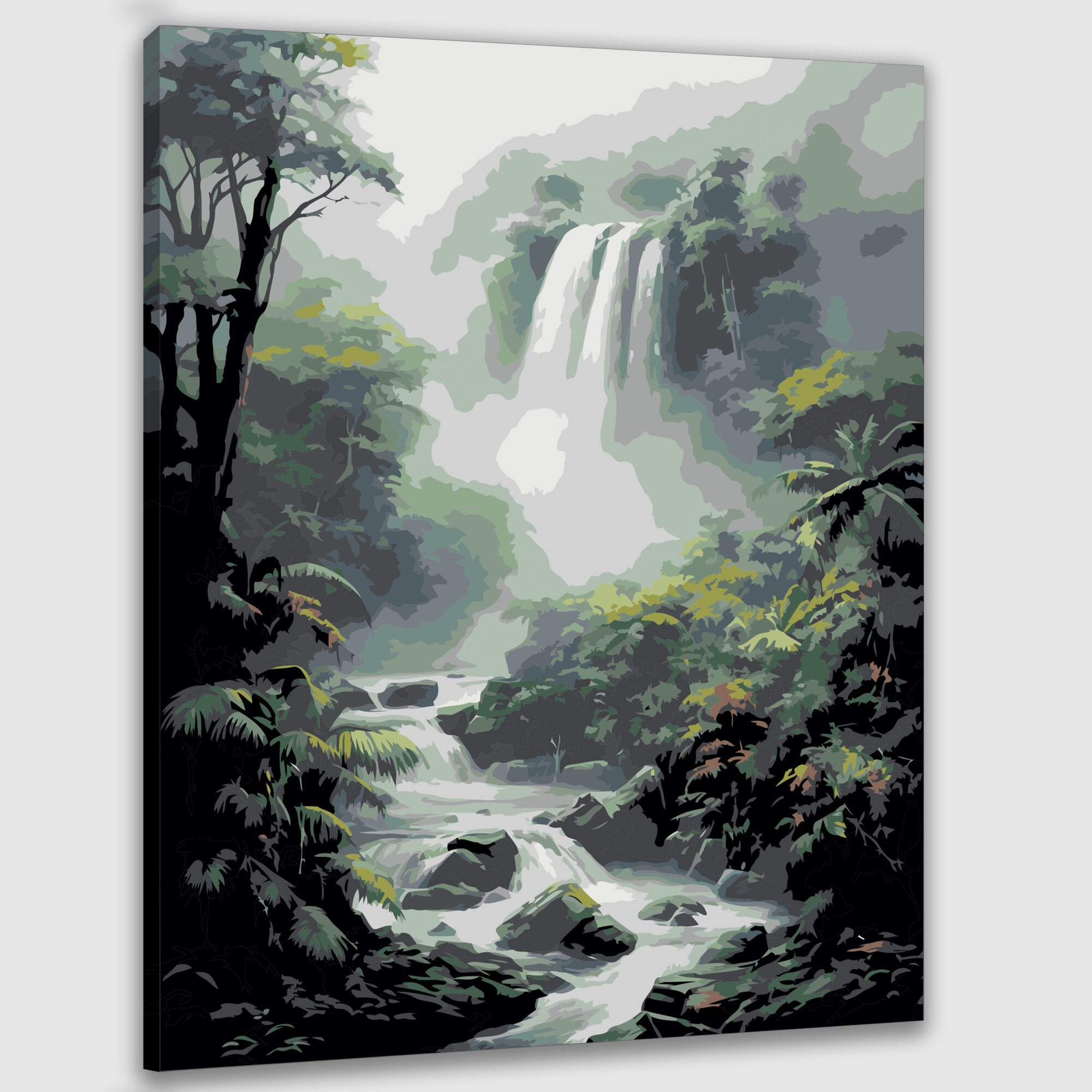 Картина по номерам 40x50 см, картина, масло, каскадный водопад, тропический лес, туман, бурлящие воды, зеленая листва