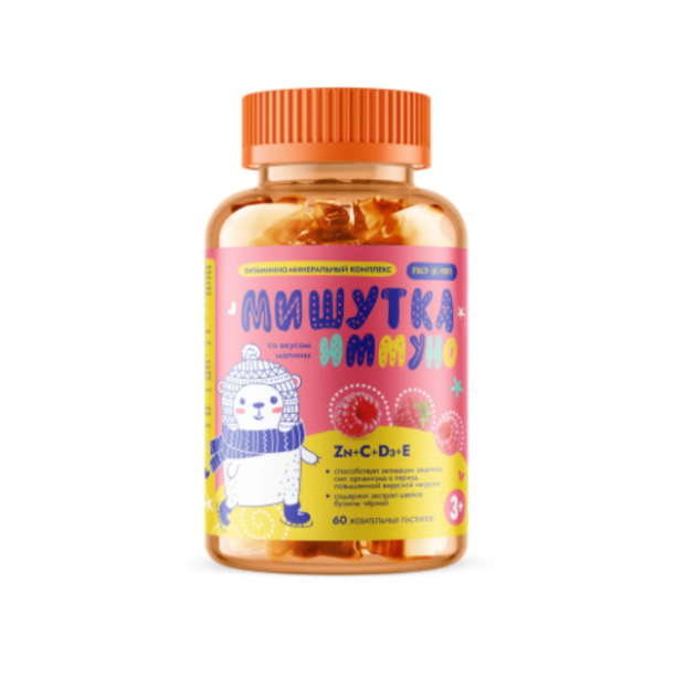 Мишутка Мармеладки Иммуно MultiForte Zn+C+D3+E пастилки жев (со вкусом малины) №60