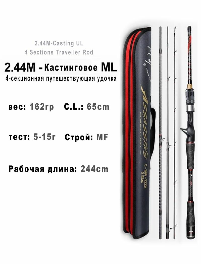 4-секционное портативное удилище из цельного углерода, длиной 244CM, для кастинговой рыбалки.