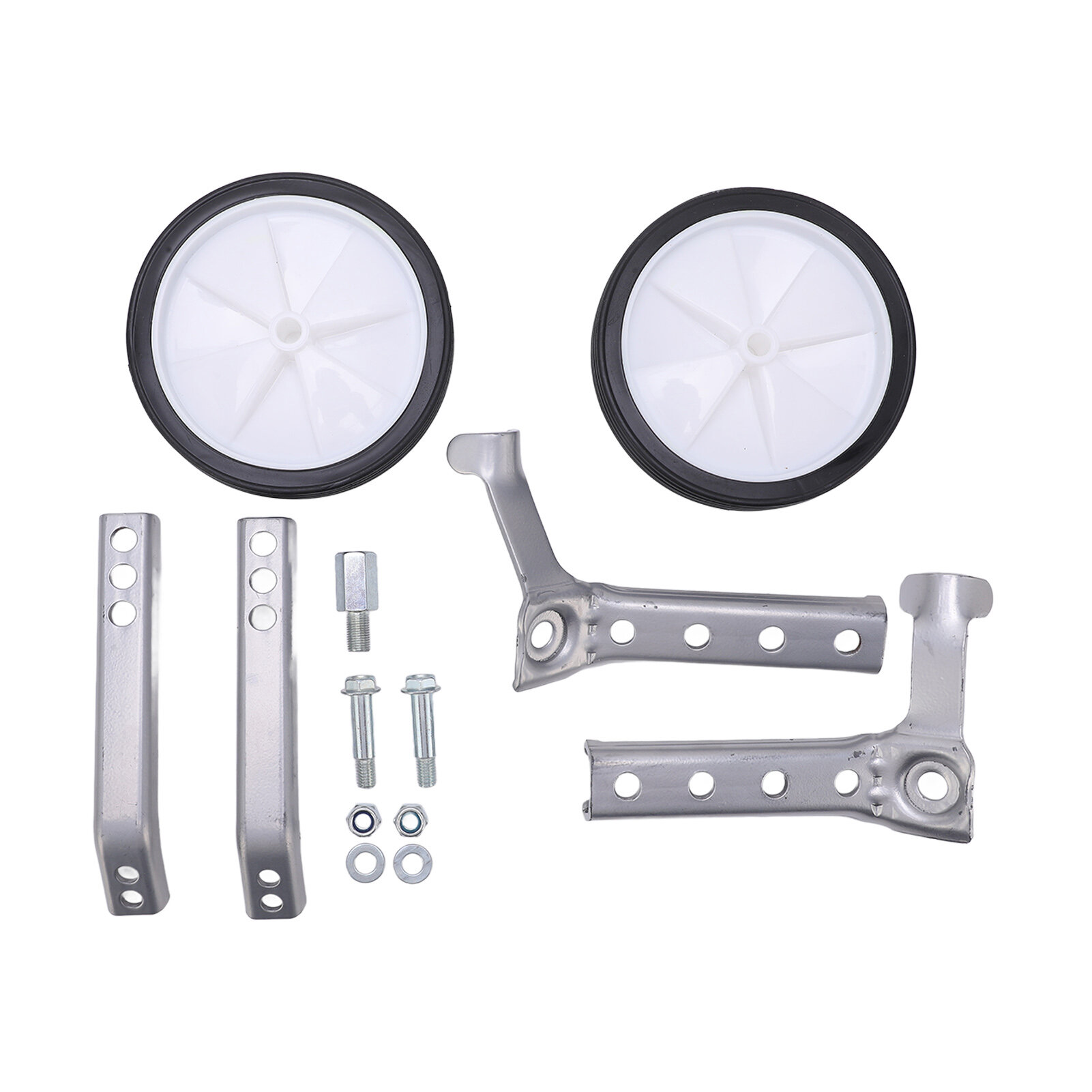 Велотренажёр с регулируемыми стальными и пластиковыми вспомогательными колёсами для детей от 18 до 24 дюймов, серый цвет.