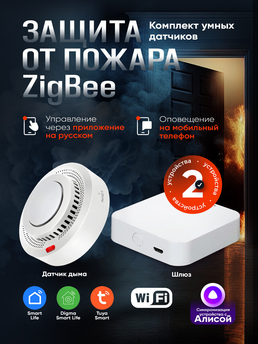 Умный Дом Zigbee: Шлюз + Датчик Дыма Мгновенное Оповещение о Задымлении Защита от Пожара