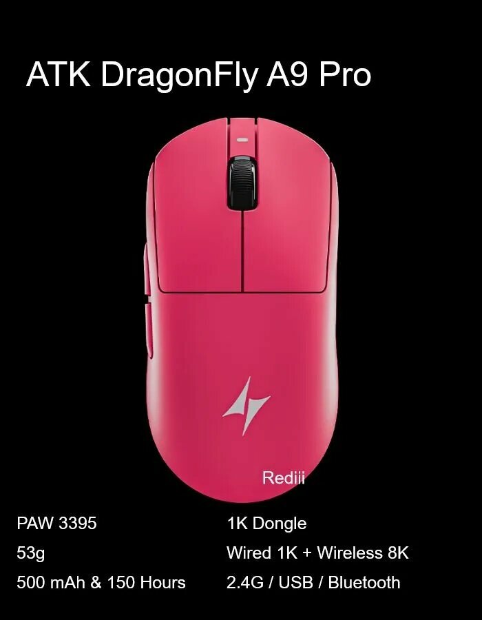 ATK Игровая мышь беспроводная DragonFly A9 Pro, малиновый, голубой