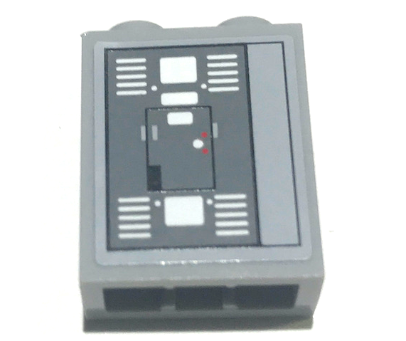 Brick 1 x 2 x 2 with Inside Stud Holder with SW Control Panel and White Stripes Pattern Model Left Side (Sticker) - Set 10221, 3245cpb138L Light Bluish Gray U