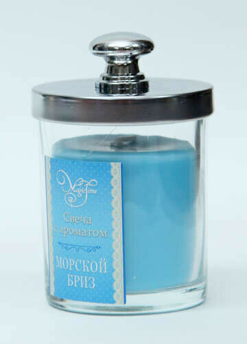 !09 Свеча парафиновая ароматизированная в стекле с ароматом Морского бриза 6.7*6.7*9.7 см.