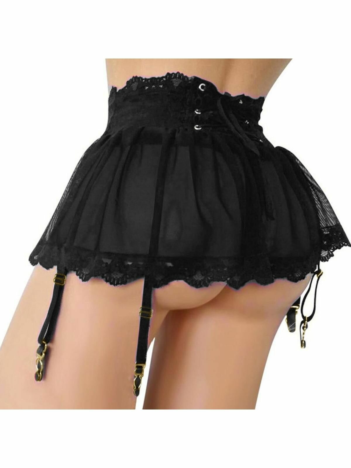 Прозрачная мини-юбка с подвязками и кружевной отделкой, Черный - L
