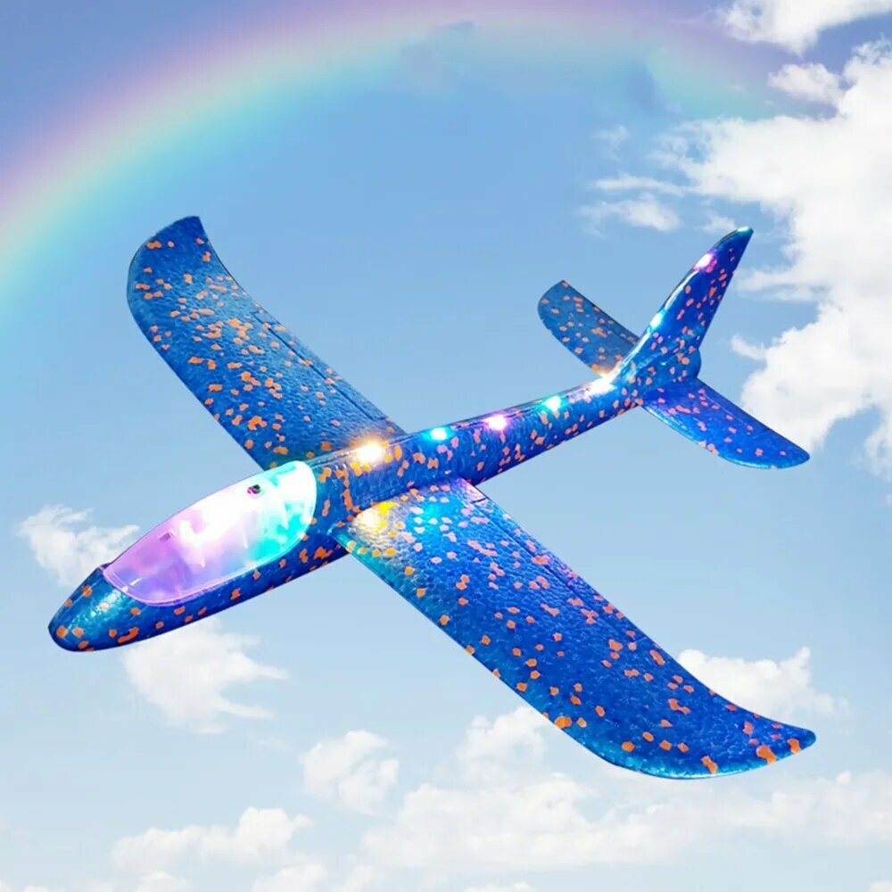 Метательный самолет светящийся, игрушка из пенопласта для улицы, планер пенопластовый с подстветкой 48 см синий