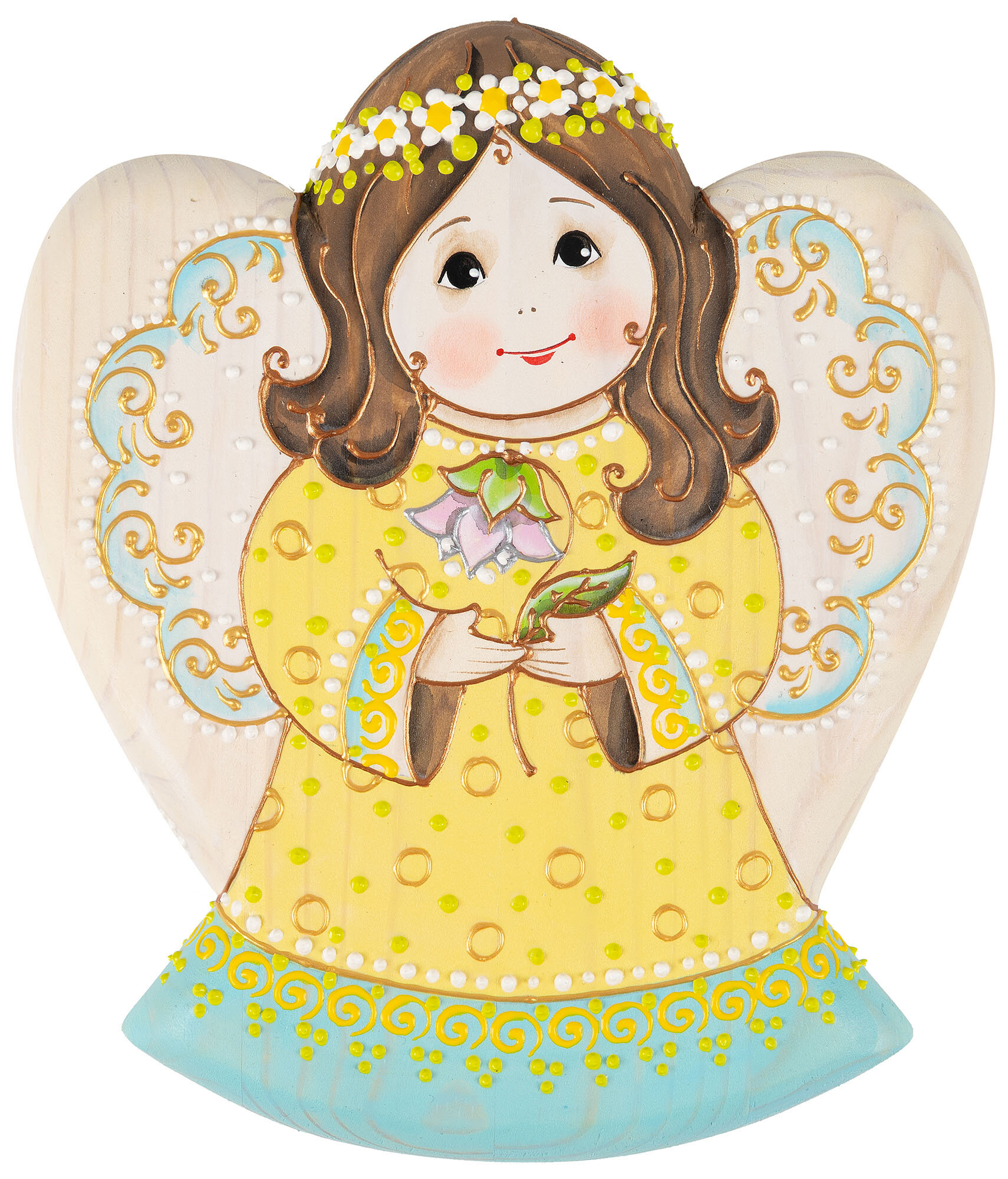 Подвеска деревянная ручной работы Ангел в желтом платье с фиолетовым цветком (693105)