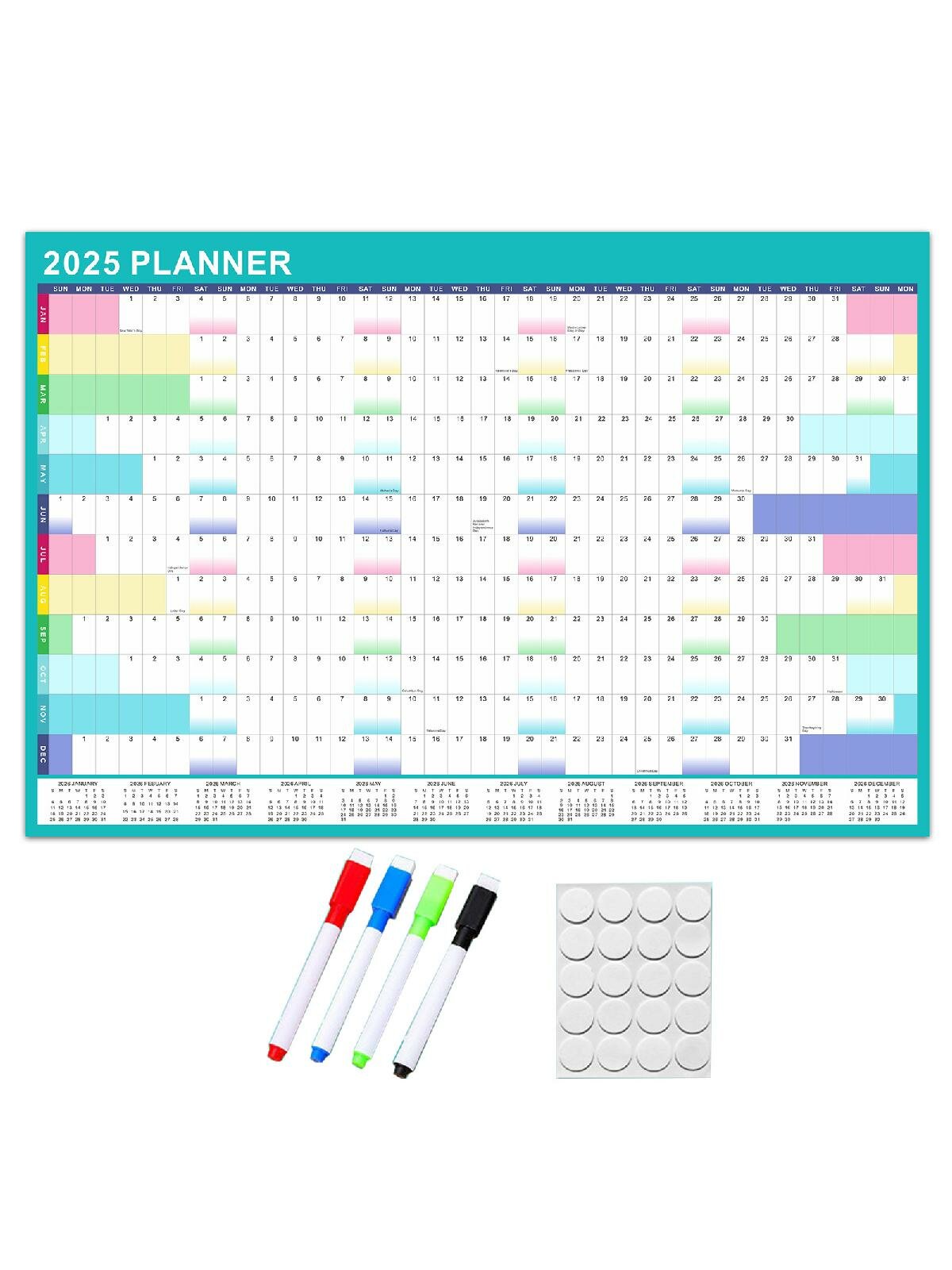 Настенный календарь на 2025 год, годовой планировщик с маркером и клейкими наклейками