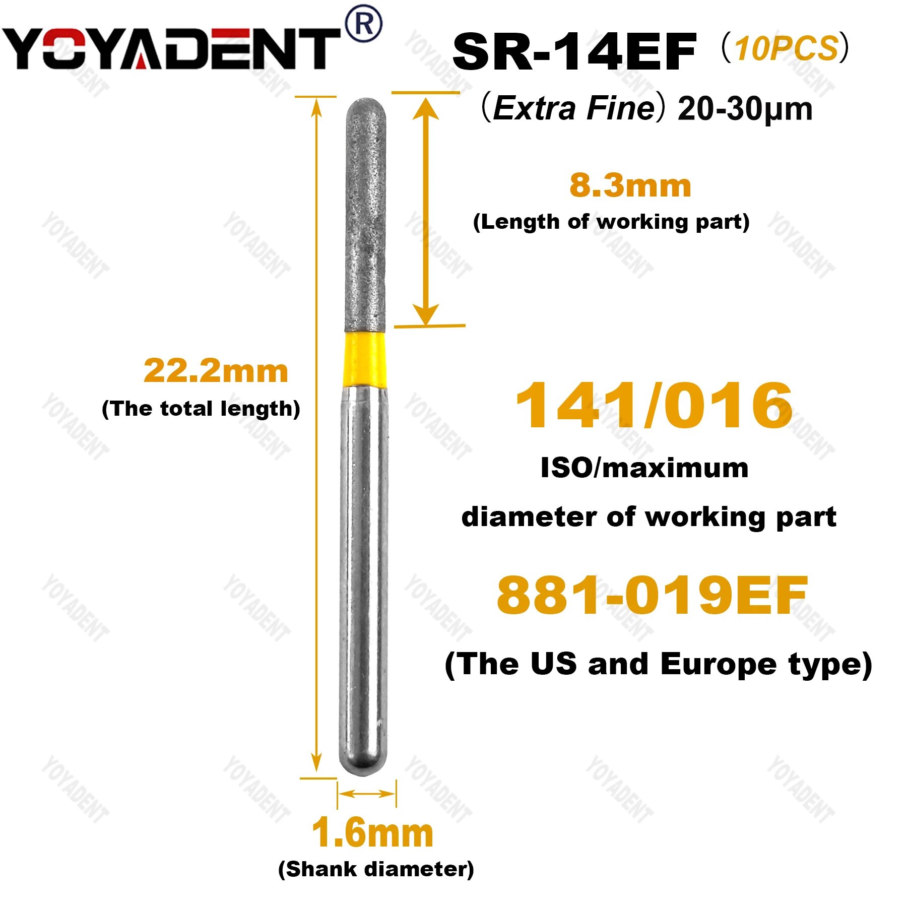 YOYADENT SR-14EF алмазные боры 1.6 мм, 10 шт
