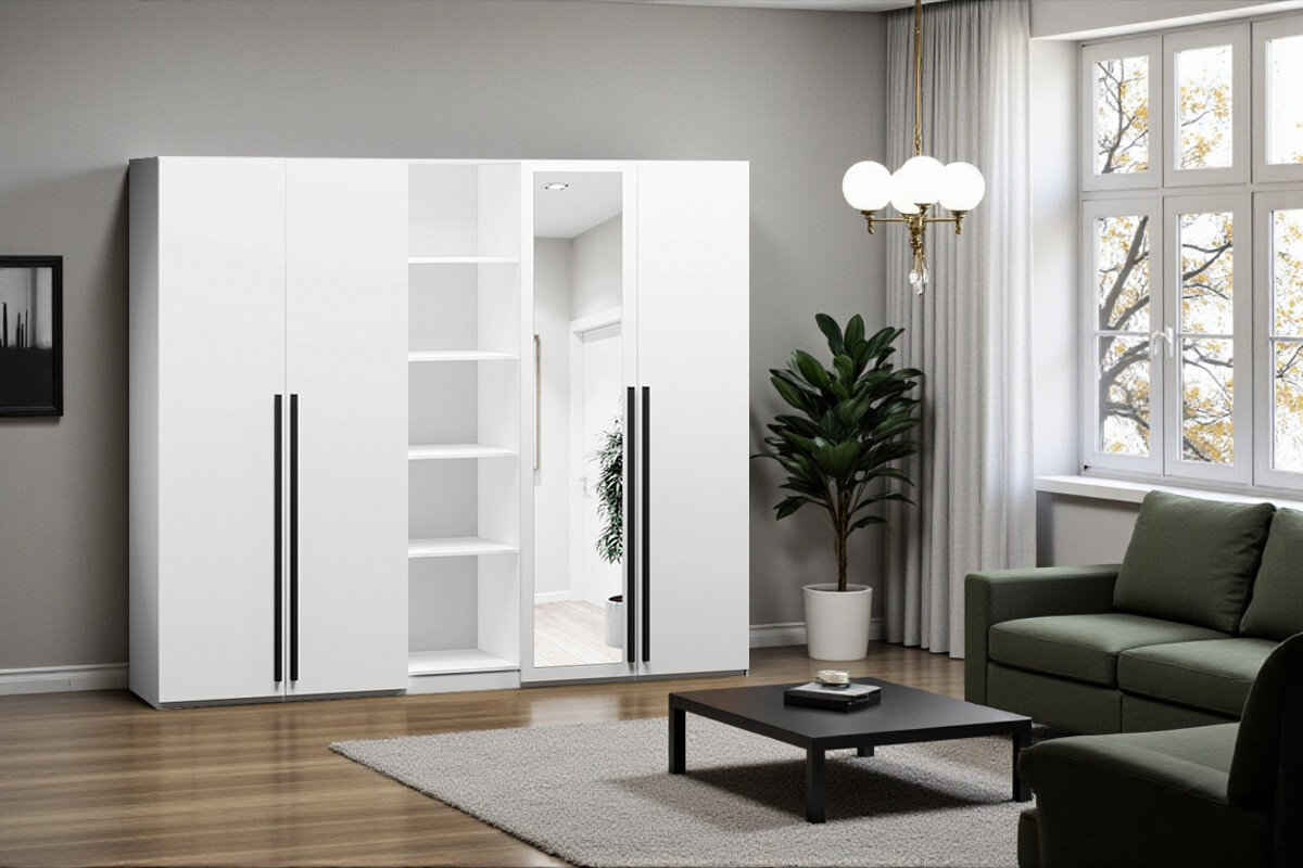 Распашной четырехсекционный шкаф Лорена Пакс-2.2 со стеллажом Белый Фасадный 0101 NOW 200x50x210 см, Фиеста