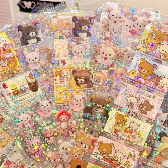 5 листов милых мультяшных наклеек с изображением Hello Kitty и Rilakkuma, вырезанные картинки, материалы из руководства по аниме KT Cat, блестки и лазерные наклейки.