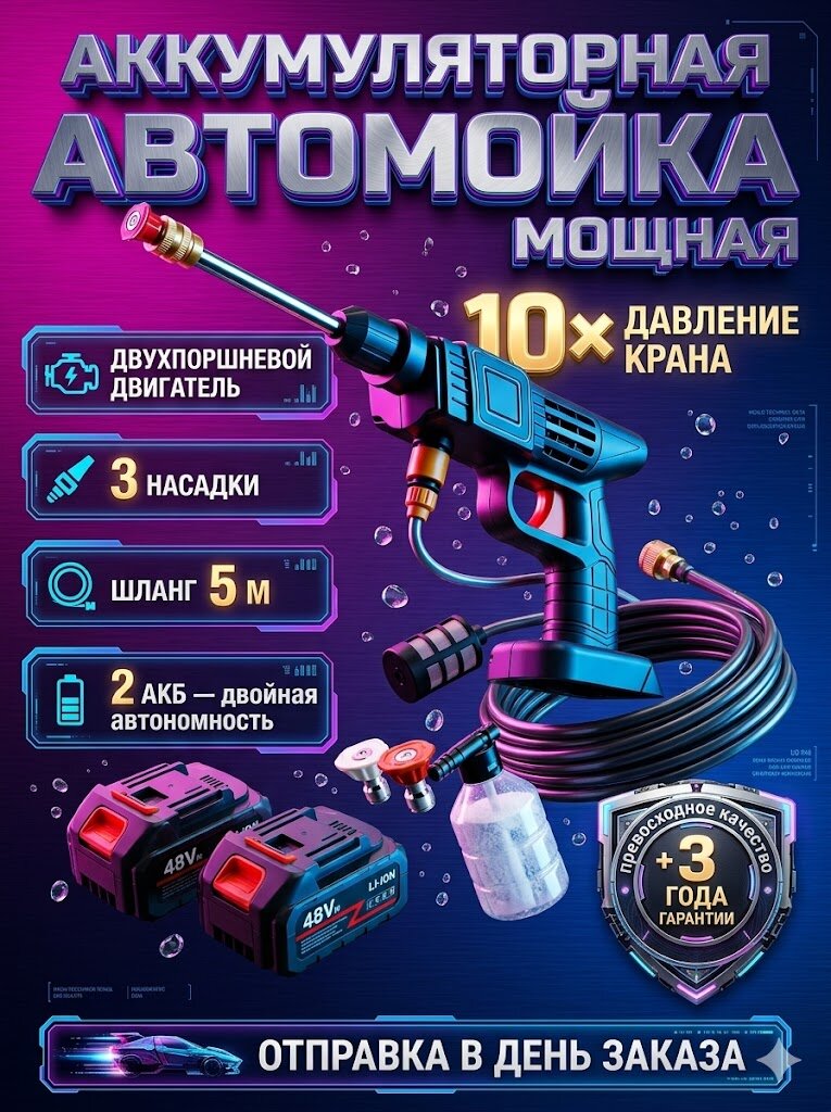 Мойка высокого давления аккумуляторная для автомобиля, Автомойка, в кейсе 2 аккумулятора, 3 насадки