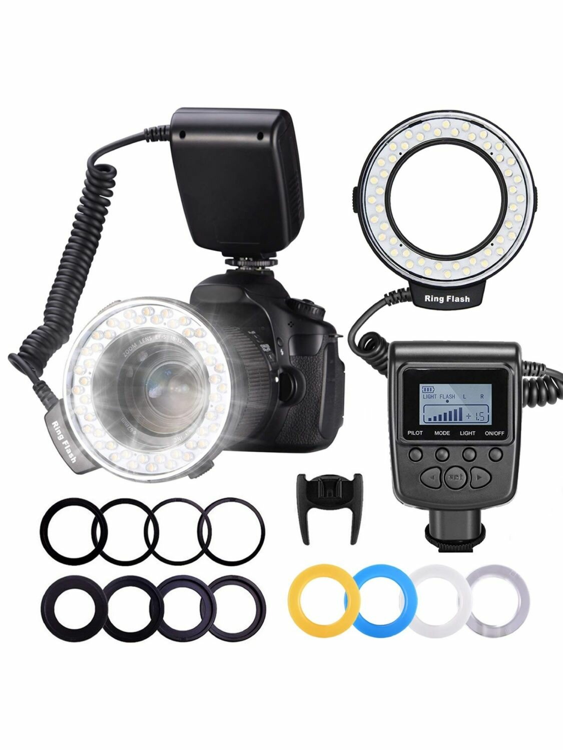 Кольцевая макровспышка 48 RF-550D LED с LCD-дисплеем управления мощностью, адаптерными кольцами и диффузорами для Can