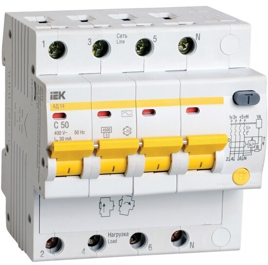 Дифференциальный автомат Iek АД14 4Р 50А 30мА, MAD10-4-050-C-030