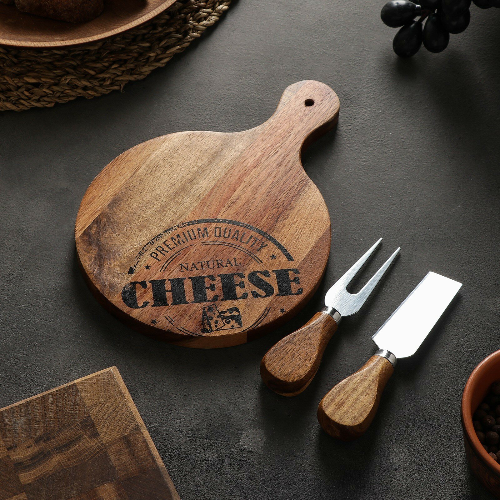 Набор для подачи сыра Magistro Shape, 2 ножа, доска, акация, 7350815