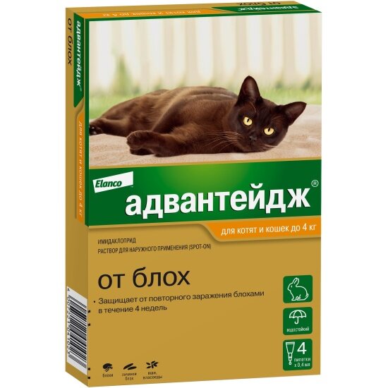 Капли Elanco Адвантейдж 40К для котят и кошек до 4 кг. 4 пипетки