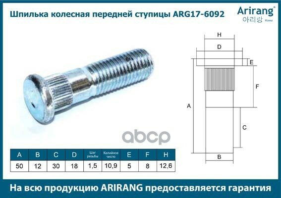 Шпилька колесная передней ступицы (M12x1.5x47) Arirang арт. ARG17-6092