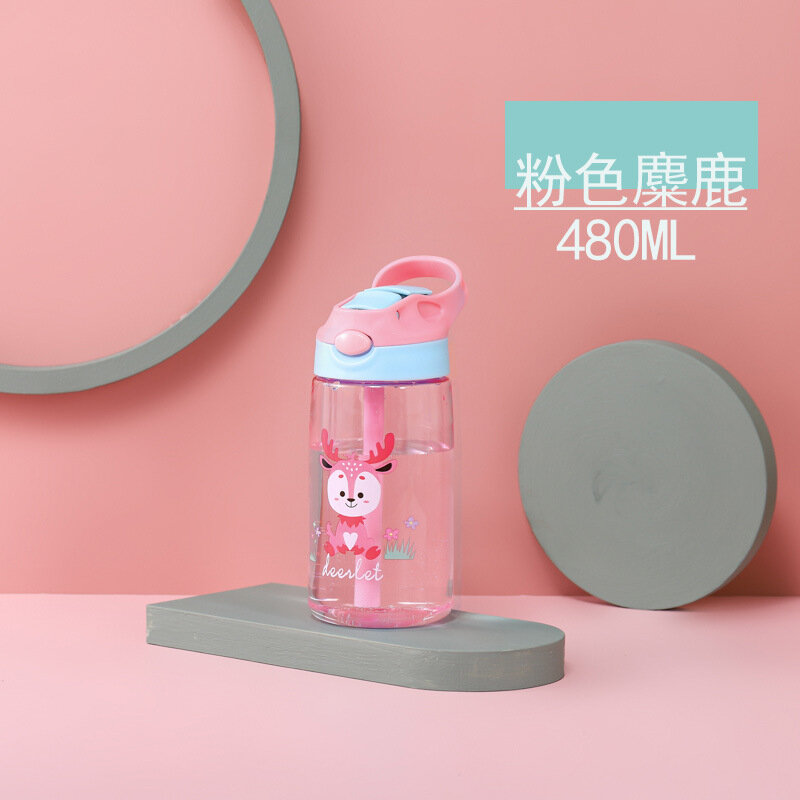 Детский стакан с соломкой, объем 401-500 мл, принт розового оленя для малышей