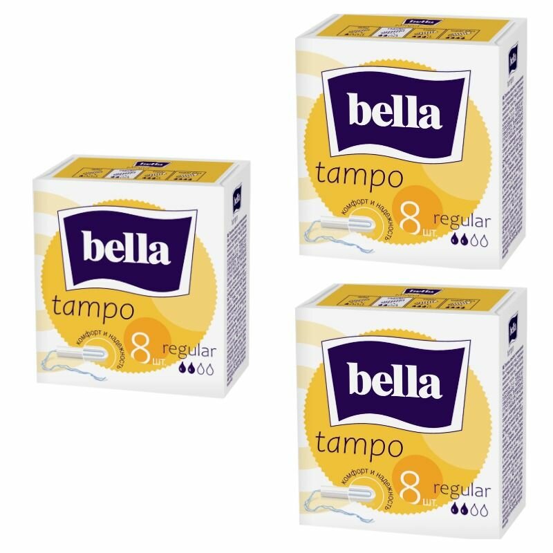BELLA Тампоны женские гигиенические, Premium Comfort, Tampo Bella Regular, без аппликатора, 8 штук в упаковке 3 уп.