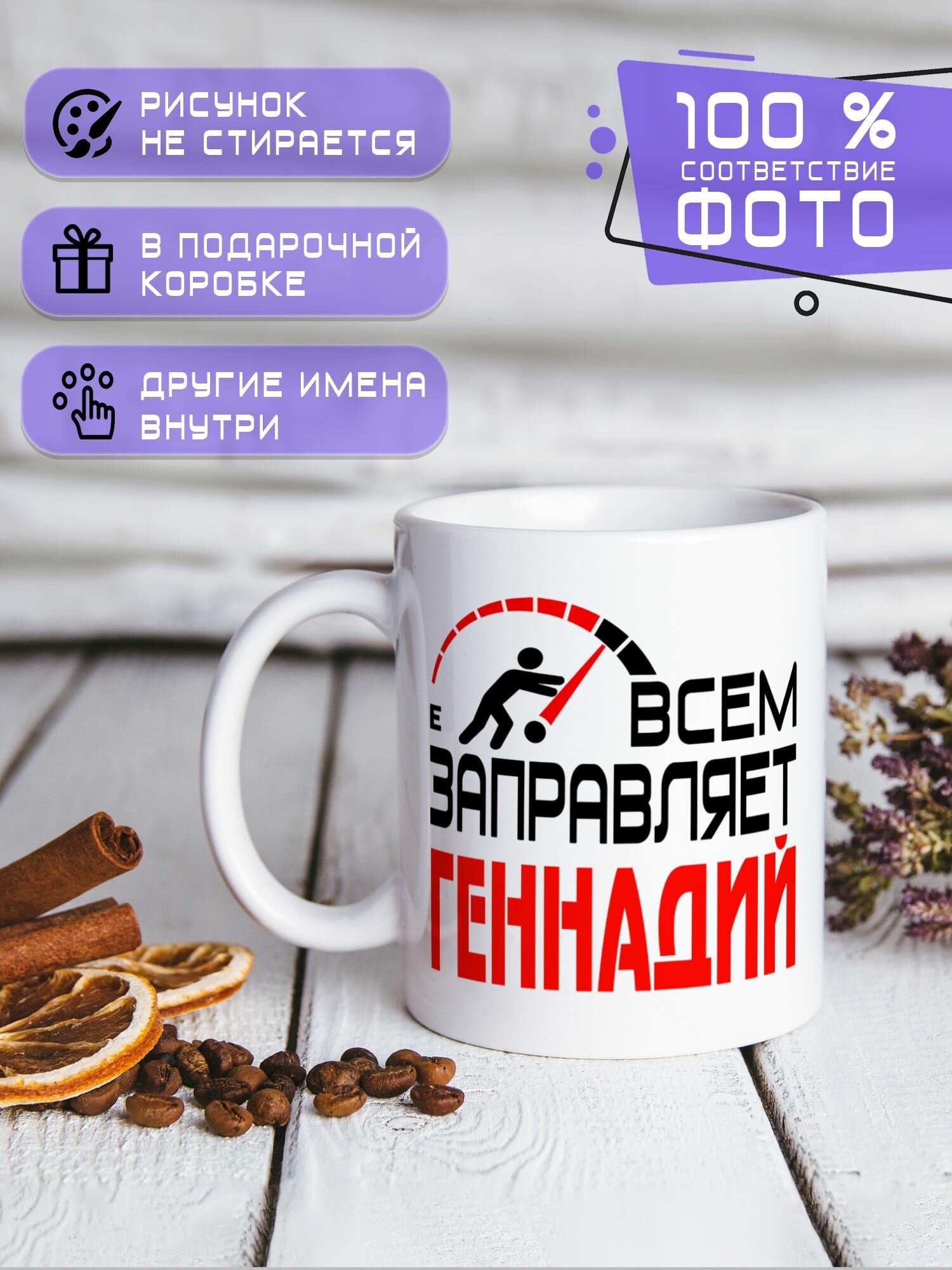 Кружка керамическая подарок на день рождения, именная с принтом "Всем заправляет Геннадий"